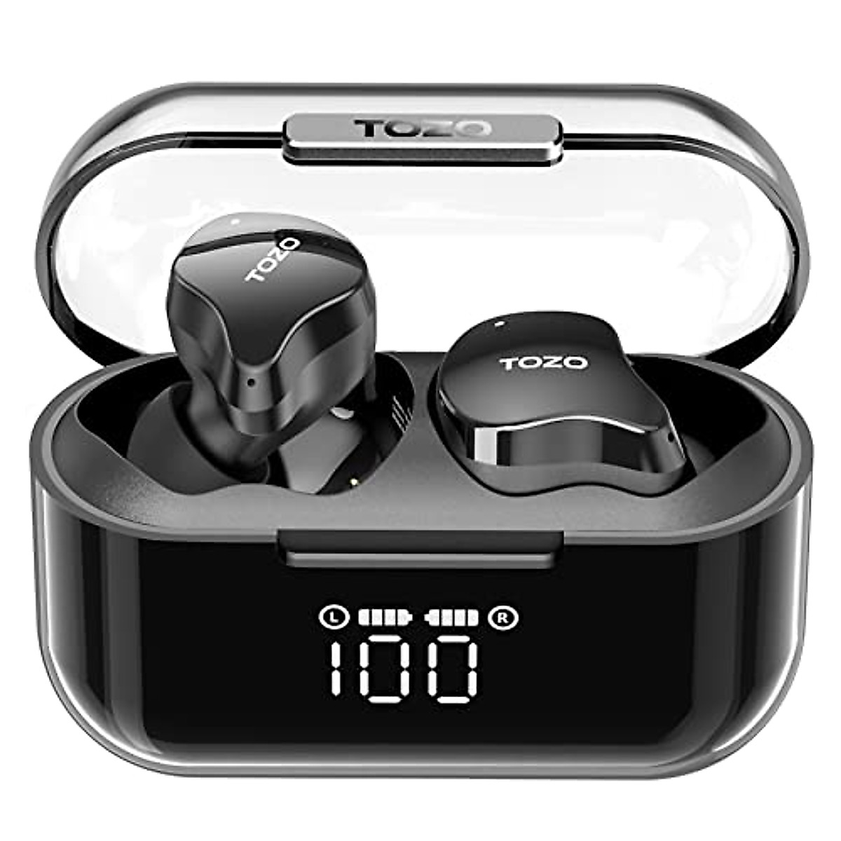 TOZO Crystal Buds Bluetooth 5.3 True Wireless Stereo Earbuds IPX8 Waterproof in Ear Headset Call Noise Reduction Headphones with Digital Display and Transparent Case Long Standby Earphones Black