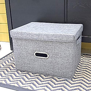 Storage Cube with Lid, Fabric Basket Bin with Dual Handles, Decorative Linen Storage Container Clothes Basket for Closet, Shelves, 15" x 11" x 10.2", Grey