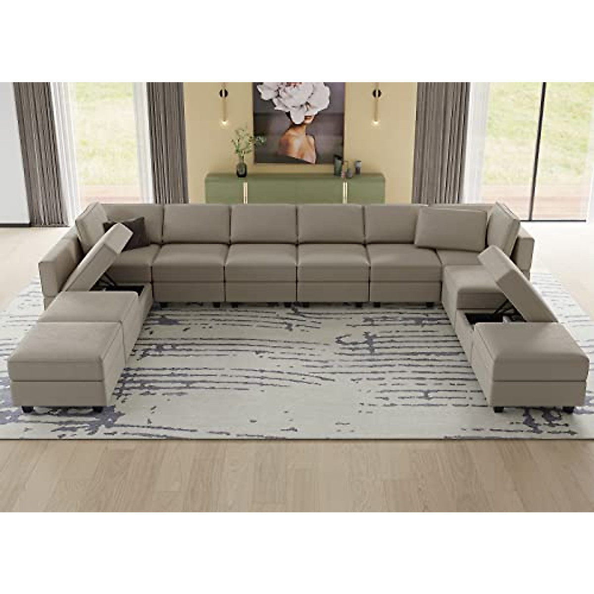 Belffin Oversized U Shaped Sectional Couch with Reversible Double Chaises Velvet Modular Sectional Sleeper Sofa with Storage Grey