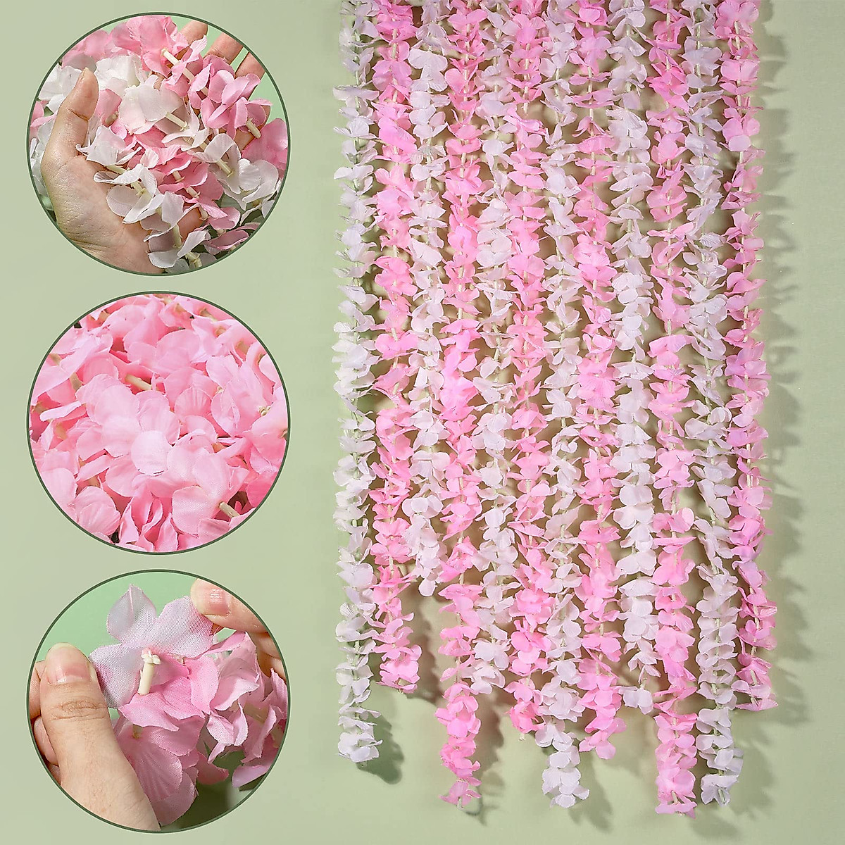 Luinabio 12 Pack 43.2 ft Wedding Artificial Silk Wisteria Vine Fake Hanging Flower Vine Garland Wall Plants Flower String for Home Outdoor Wedding Party Arch Garden Wall Home Decor, White and Pink