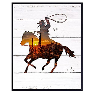 Western Decor - Western Wall Art - Cowboy Wall Decor - Ranch Decor - Horse Wall Art Decor - Roping Silhouette Room Decorations Poster Print - Gift for Rodeo Fans