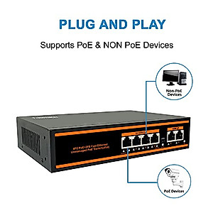 6 Port PoE Switch (4 * 100Mbps PoE Port+2 * 100Mbps Uplink Port),78W,802.3af/at,VLAN,Metal Fanless,Unmanaged Plug and Play