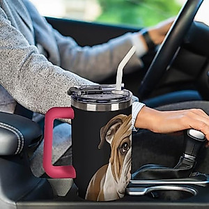 LLUTSNTH 40 Oz Vacuum Tumbler with Light Rose Red Handle Leakproof Insulated Tumbler English-Bulldog Stainless Steel Travel Mug with Lid And Straw Coffee Cup Cute Water Bottles Cup Holder Friendly