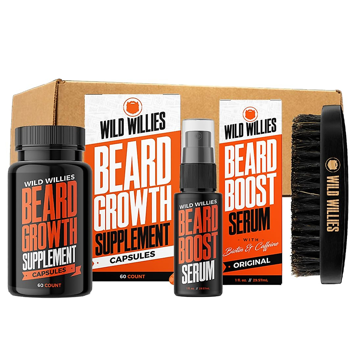 Wild Willies All-in-One Beard Growth Kit - Includes Beard Boost Serum Oil & Growth Supplement, & Boar Bristle Brush - Perfect Beard Care for Men - Achieve Thicker, Fuller, Healthier Beard