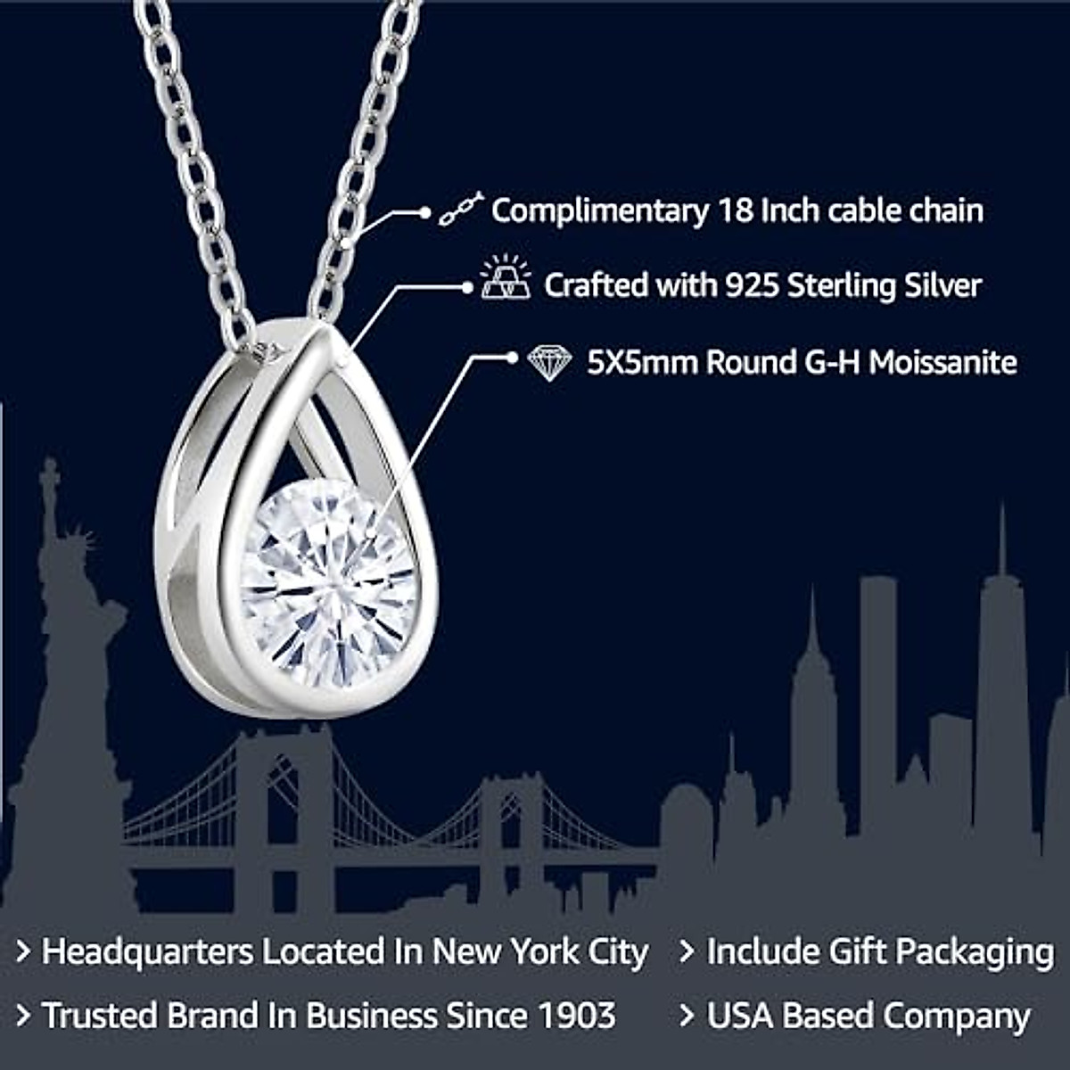 Gem Stone King 925 Sterling Silver 5MM Round Gemstone Birthstone Teardrop Pendant Necklace For Women with 18 Inch Silver Chain