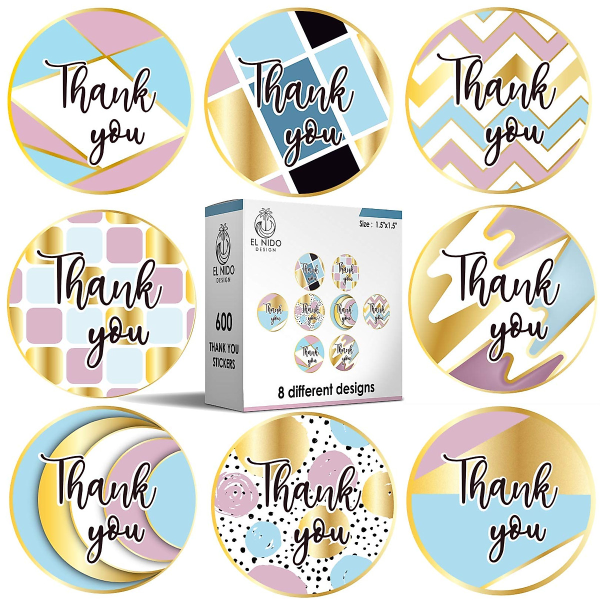 EL Nido 600pcs 1.5" Thank You Stickers / 8 Different Designs with Gold Foil / 600 Thank You Stickers Per Roll/Roll Sticker Supplies for Business Packaging (8 Design Roll Stickers, 600pcs)