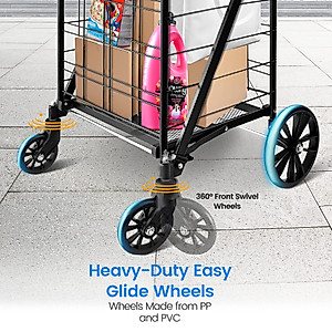SereneLife Folding Grocery Utility Shopping Supermarket Cart with 360 Rolling Swivel Wheels, Double Basket, Large Capacity 110 lbs, Portable, Collapsible Compact Folding, for Grocery Laundry, Luggage