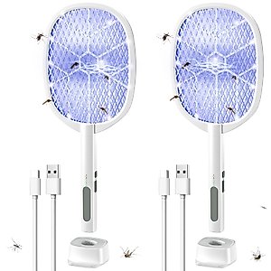2PACK Electric Fly Swatter,4000V Bug Zapper Racket,2 in 1 Mosquito Zapper Racket with 1200ml Battery Rechargeable Purple Mosquito Killer Lamp with 3 Layers Safety Net Suitable for Indoor and Outdoor