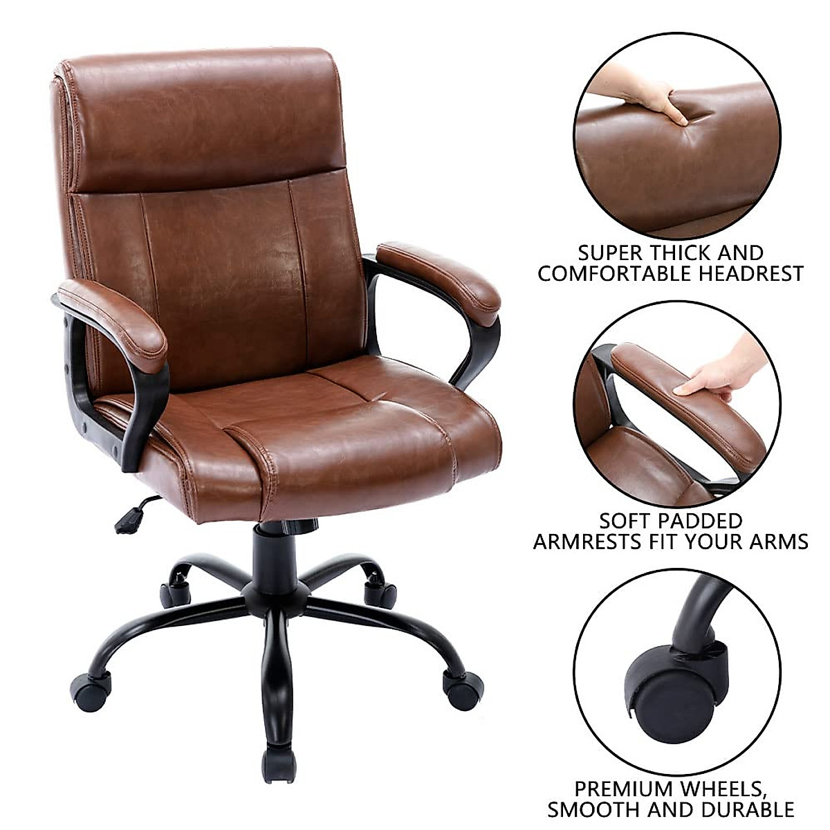 DYHOME Leather Office Chair Brown Desk Chair with Padded Armrests, Adjustable Home Office Chair Mid Back Swivel Task Chair, Ergonomic Mid Century Computer Chair, Capacity 400lbs