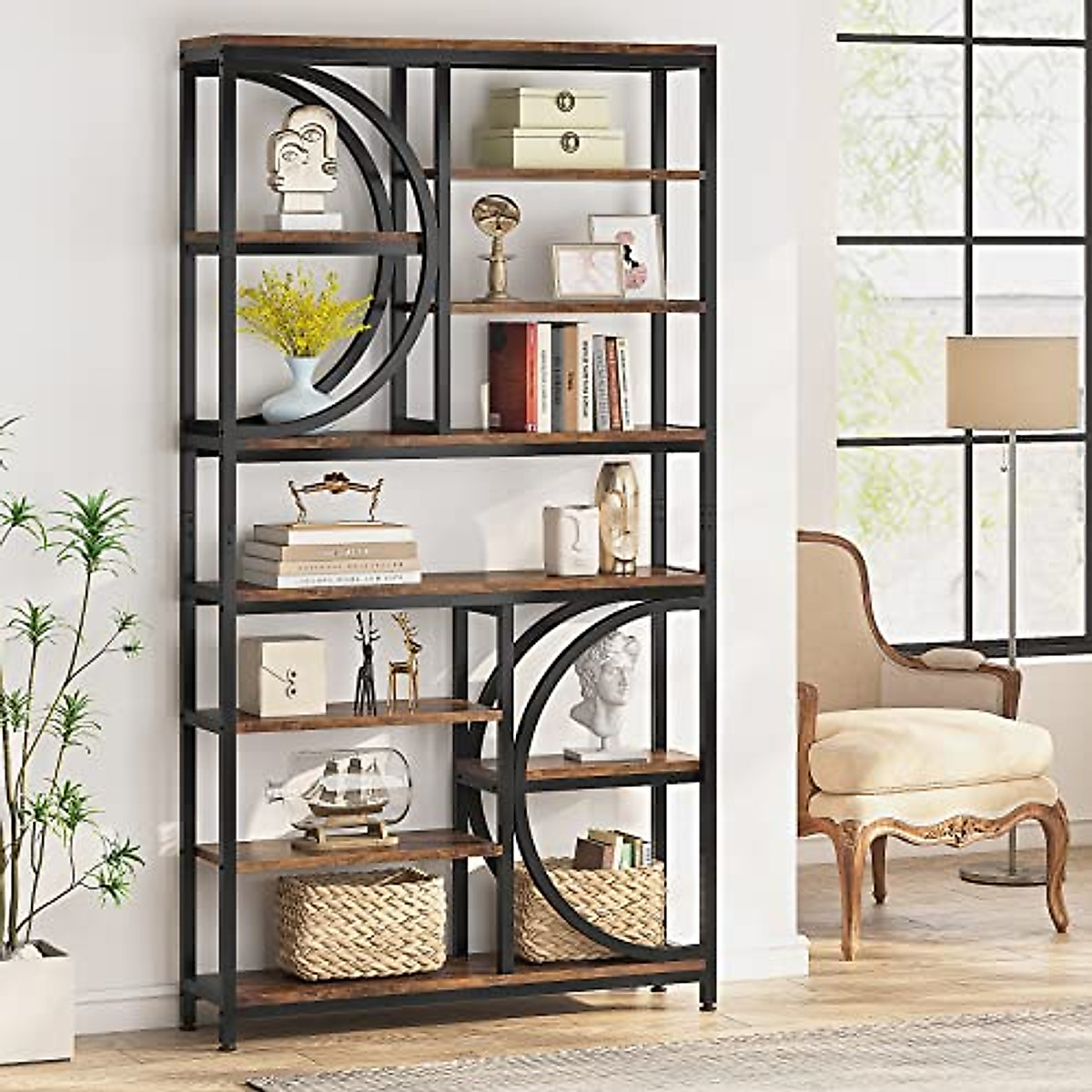 Tribesigns Bookshelf, Industrial 8-Tier Etagere Bookcases, 77-Inch Tall Book Shelf Open Display Shelves, Wood Look Accent Shelving Unit with Metal Frame for Home Office (1, Brown/Black)