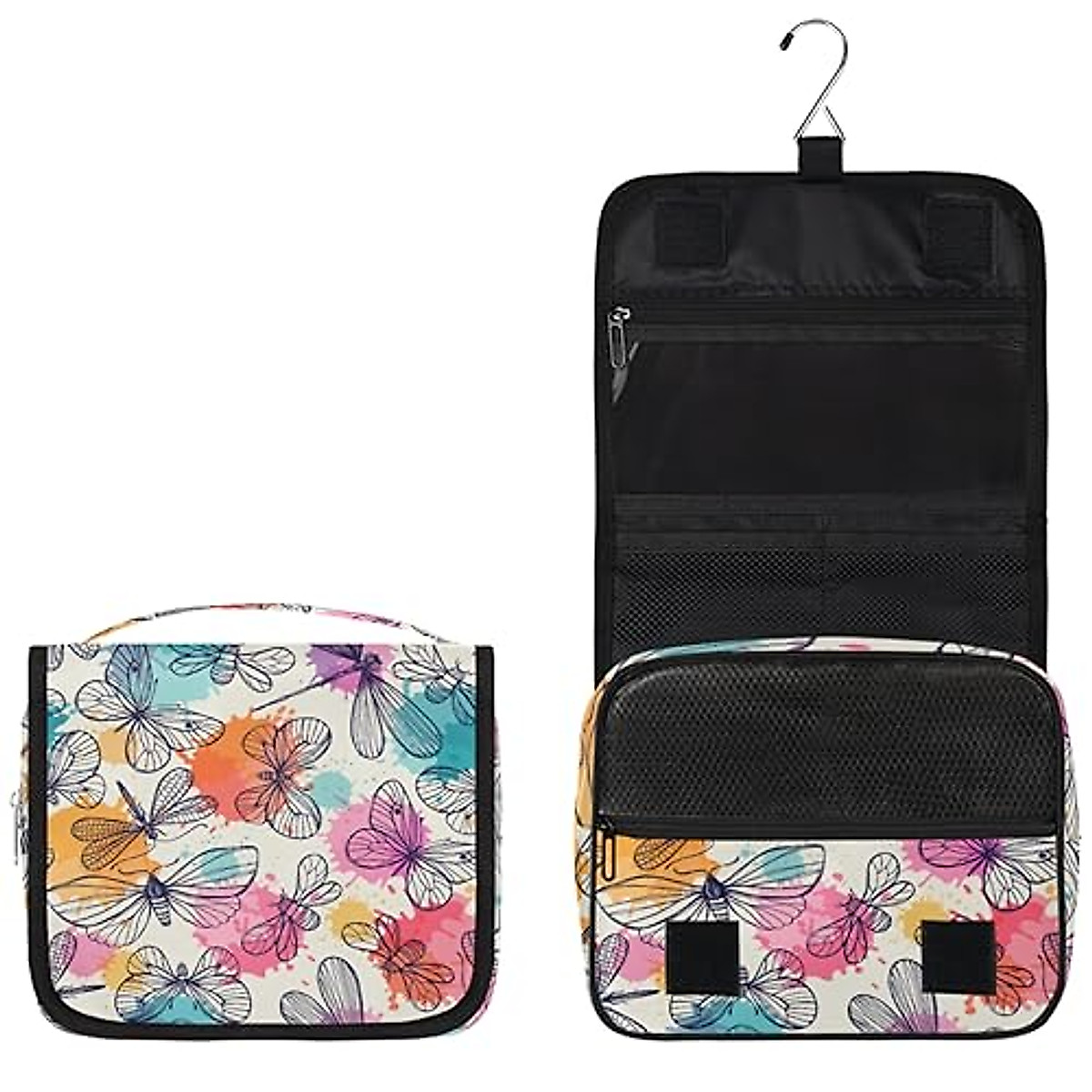 POFATO Butterfly Dragonfly Ink Travel Toiletry Bag Cosmetic Makeup Bag for Women Men Hanging Hook Wash Toiletries Portable Toiletry Bags Organizer