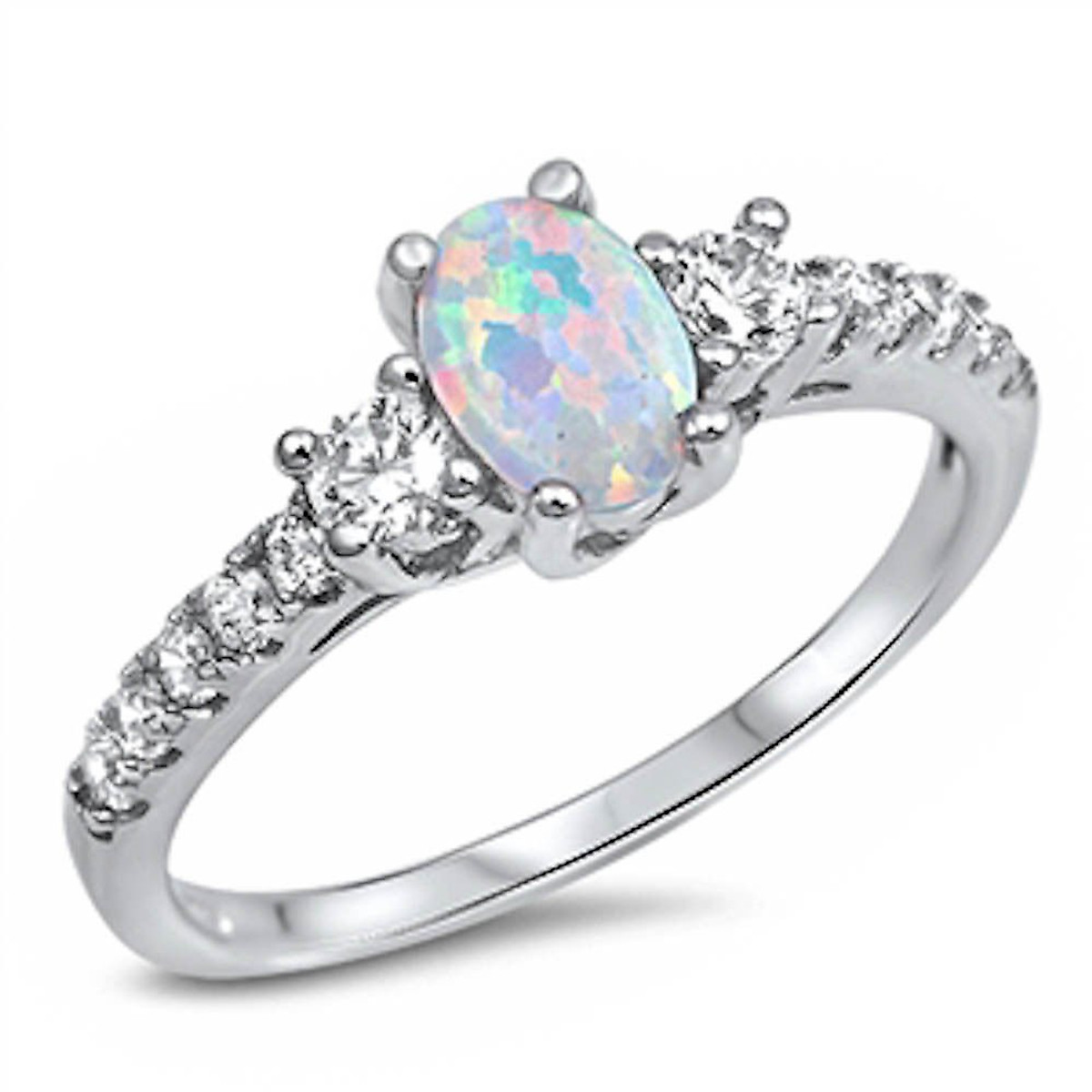Oxford Diamond Co Lab Created White Opal & Cz Fashion Engagement .925 Sterling Silver Ring Size 6