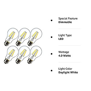 Dimmable 4W Vintage LED Filament Bulb 4000K Daylight White, Edison A19/A60 LED Light Bulbs, 40W Equivalent E26 Medium Base Lamp, Clear Glass Cover 400 Lumens, Pack of 6