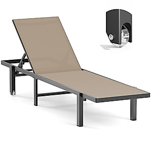 Aluminum Chaise Lounge Chair Outdoor with Wheels, Patio Lounge Chair with Adjustable 5-Position Recliner and Full Flat Tanning Chair for Patio, Beach, Pool, Khaki