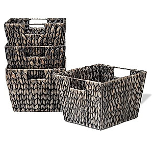 11.5" Hyacinth Storage Basket with Handles, Rectangular, by Trademark Innovations (Set of 4, Taupe)