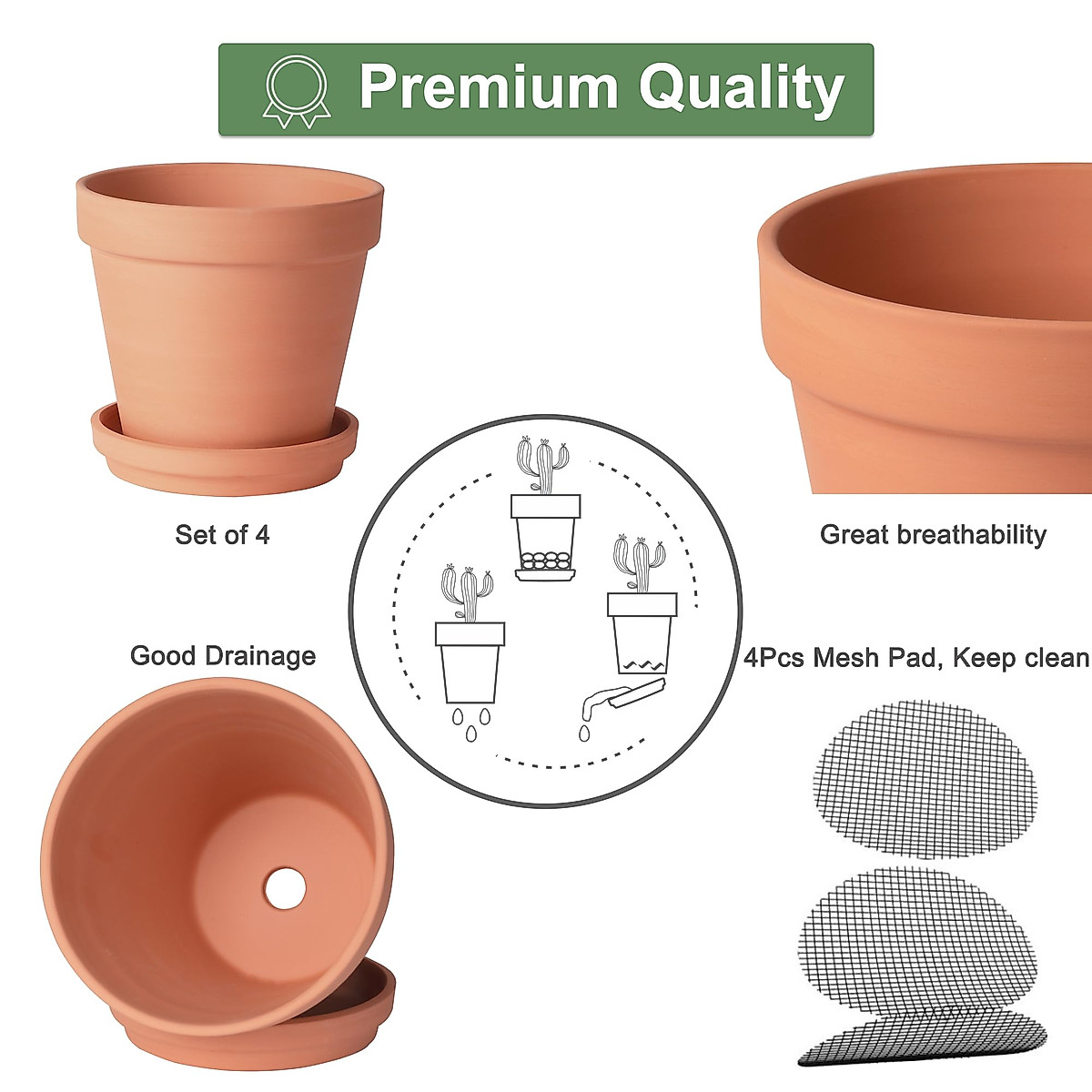 6 inch Clay Pots for Plants with Saucer, Large Terra Cotta Plant Pots with Drainage Hole, Flower Pots with Tray, Terracotta Pots for Indoor Outdoor Plant - Pack of 4 Planters
