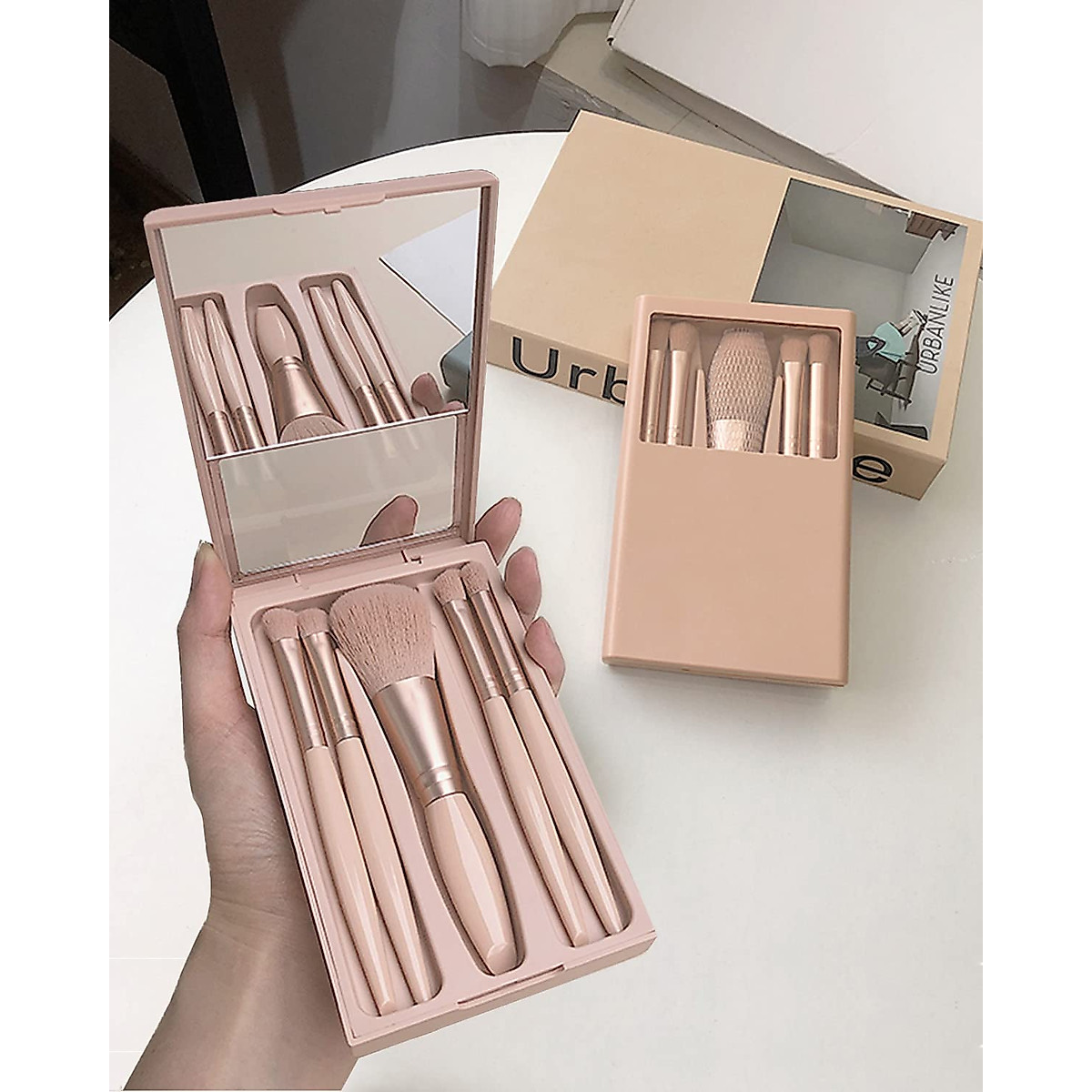 Travel Size Makeup Brushes Set, Easy-taken Mini Makeup Brush Set with Case and Mirror, Small Complete Function Cosmetic Brushes Kit Perfect for On The Go (Apricot)