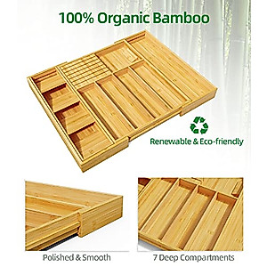 Delamu Expandable Silverware Organizer with Cutlery Organizer in Drawer, Flatware Utensil Organizer with Knife Organizer, Bamboo Kitchen Drawer Organizer for Large Utensils, Silverware Tray for Drawer