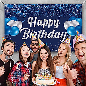 Trgowaul Happy Birthday Banner Backdrop, Blue and Silver Birthday Party Decorations, Birthday Party Supplies Men Women, Birthday Gifts Photo Background Banner Decor Girls Boys Kids Outdoor Indoor