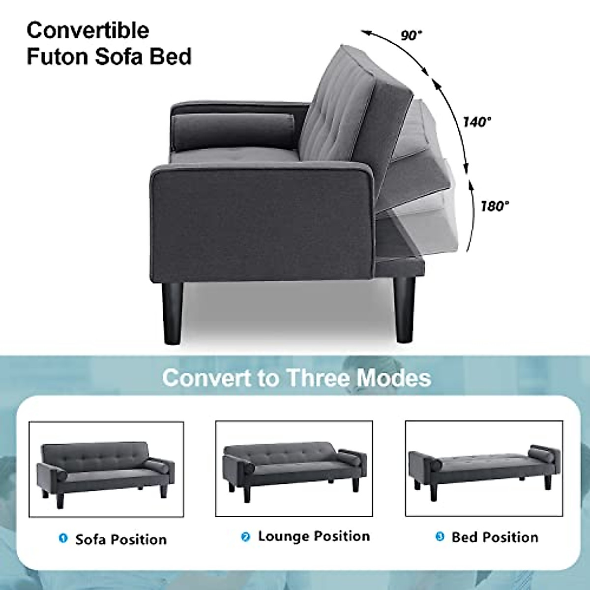 Hooseng Modern Futon Sofa Bed, Upholstered Convertible Folding Sofa Couch with 2 Bolster Pillows, Button Tufted Fabric Couch for Small Spaces, Living Room, Lounge, Apartment, Office, Blue