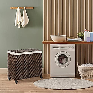 ALIMORDEN Wicker Laundry Hamper with Lid and Wheels 110L Clothes Laundry Basket with Removable Liner Bags Large Hampers for Laundry Organizer 3 Sections for Bedroom Closet Laundry Room Bathroom Brown