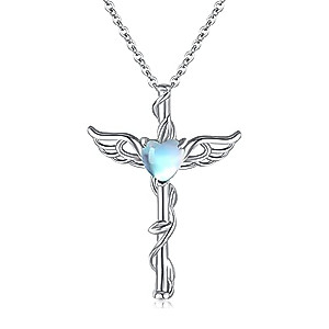 Midir&Etain Angel Necklace 925 Sterling Silver Moonstone Angel Wings Cross Pendant Necklace Hypoallergenic Moonstone Angel Cross Jewelry Gift for Women