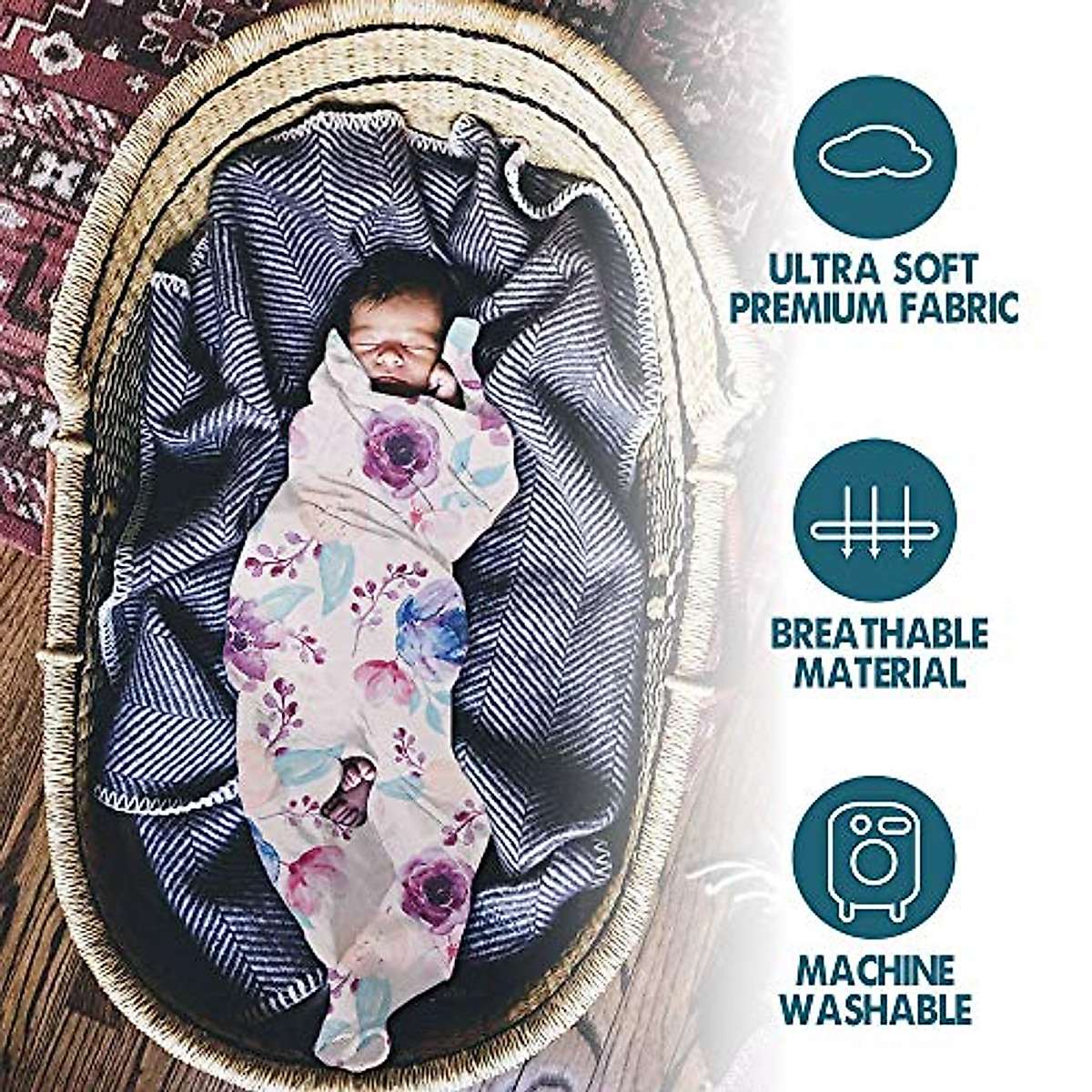 Newborn Floral Swaddle Blanket Purple Flower Rose Baby Receiving Blanket with Headband Soft and Stretchy Infant Swaddle Wrap Blanket for Baby Girl