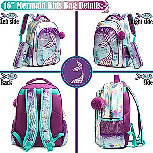 Egchescebo Girls Mermaid backpack School Bookbag for Girls Kids Bling School Elementary Backpacks for Girls 16" 3PCS Black Backpack with Lunch Box Set Purple
