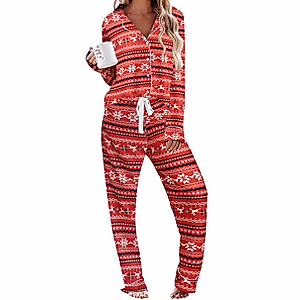 Ekouaer Pajama Set for Women Soft Button Down Top Sleep Sets Soft Cotton Sleepwear Christmas for Mom and Me Small,Christmas Pattern