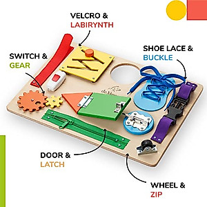deMoca Busy Board for Toddlers, Montessori Toy for 3 Year Old with 10 Educational Toddler Activities to Develop Fine Motor Skills, Learning Wooden Travel Toy for Plane and Car Journey