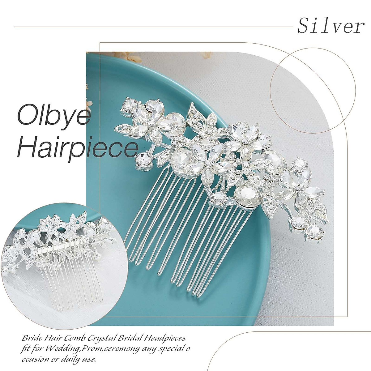 Olbye Wedding Hair Comb Rhinestone Bridal Pieces Flower Silver Crystal Headpiece for Bridesmaids and Brides (Silver)