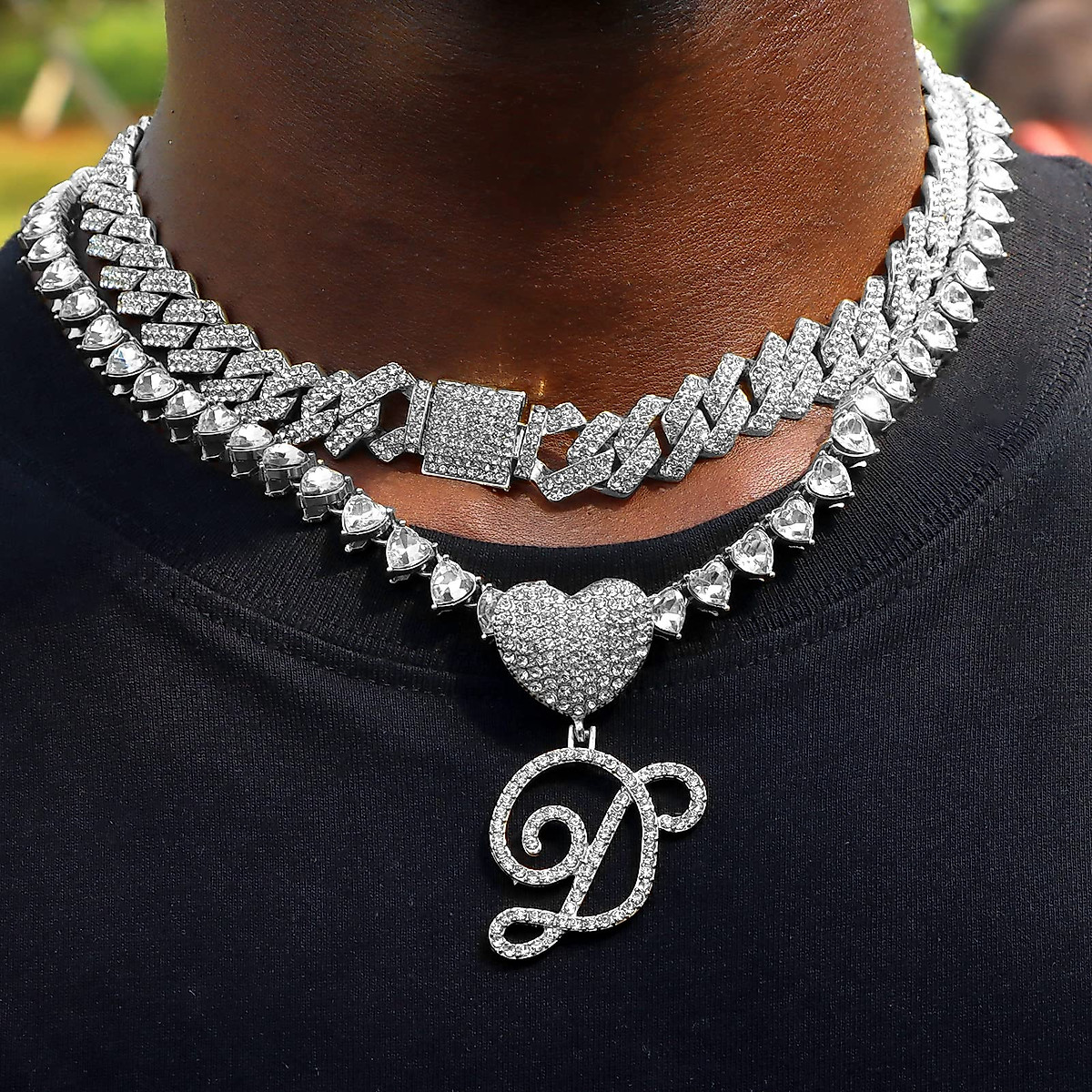 DLSIXNCO Silver Cuban Link Chain for Women Cursive Initial Layered Necklaces Heart Shape Bling Diamond Iced Out Pendant Necklace for Women 2PCS Hip Hop Chain Trendy Dainty Rapper Jewelry Gift, 16