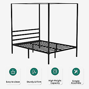 YITAHOME Metal Four Poster Canopy Bed Frame 14 Inch Platform with Built-in Headboard Strong Metal Slat Mattress Support, No Box Spring Needed, Black, King Size