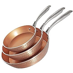 Gotham Steel Hammered Frying Pan Set, 3 Piece Nonstick Copper Fry Pans, 8”, 10” & 12” Skillet, Omelet Pan, Cookware, PFOA Free, Dishwasher Safe, Cool Touch Handle