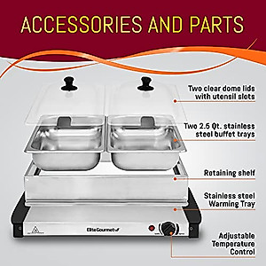 Elite Gourmet EWM-6122 Dual 2 x 2.5 Qt. Trays, Buffet Server, Food Warmer Temperature Control, Clear Slotted Lids, Perfect for Parties, Entertaining & Holidays, 5 Qt Total, Stainless Steel
