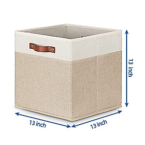 Temary Cube Storage Bins Storage Basket for Shelves Fabric Storage Cubes Closet Baskets for Cube Storage with Leather Handles, Cloth Bins for Home and Office (White & Khaki, 13x13x13 Inch)