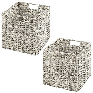 mDesign Seagrass Woven Cube Storage Bin Basket Organizer with Handles for Kitchen Pantry, Cabinet, Cupboard - Shelf and Cubby Organization, Holds Food, Drinks, Snacks, Appliances - 2 Pack - White Wash