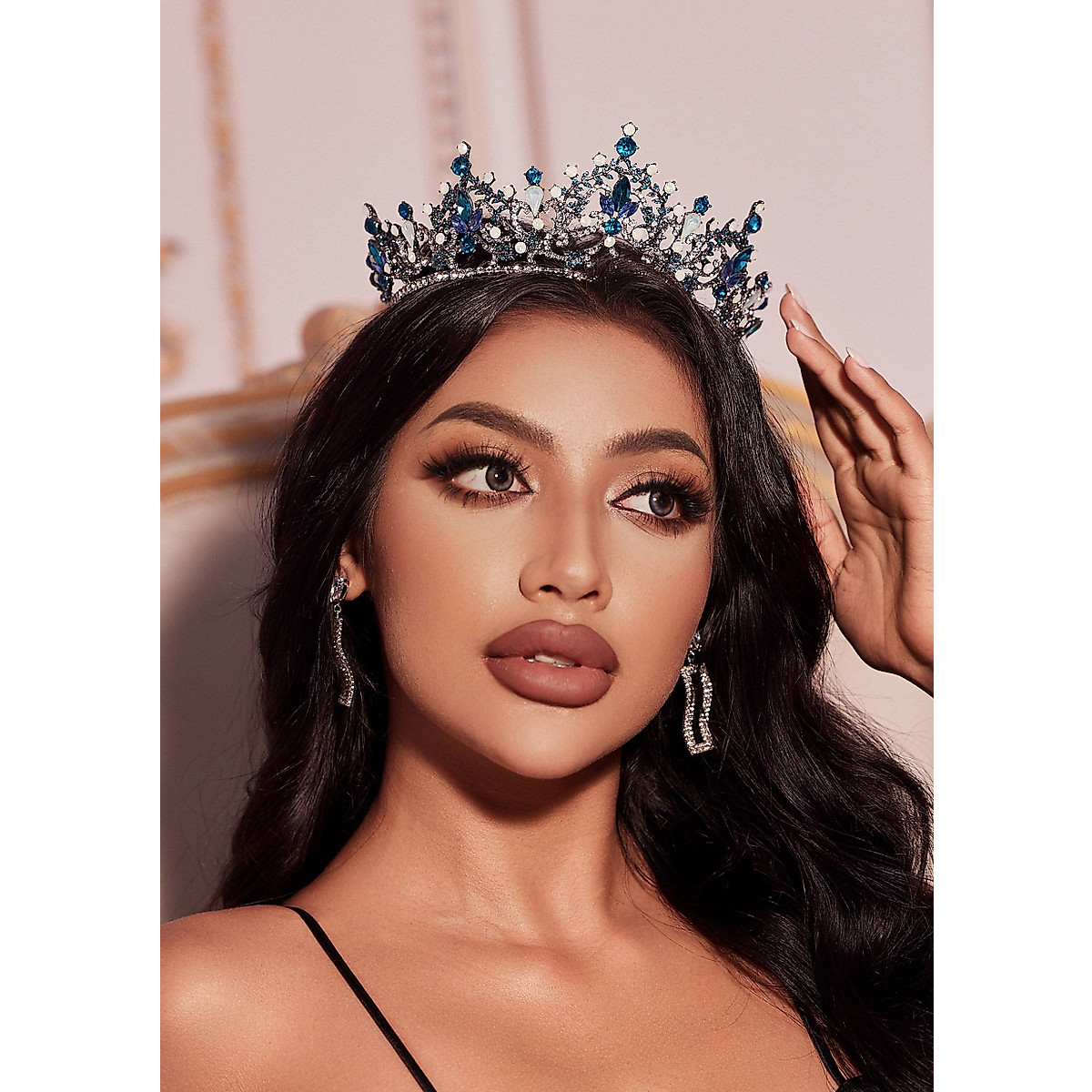 SWEETV Blue Tiara Crown for Women, Frozen Elsa Princess Crown, Gothic Wedding Tiara for Bride, Black Crystal Hair Accessories for Birthday Quinceanera Pageant Prom