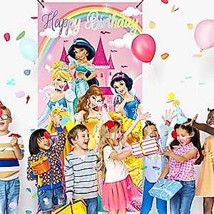 Princess Girls Birthday 36x72inch Door Cover Banner Cartoon Princess Pink Rainbow Castle Party Porch Sign Decor Kids1st 2nd Happy Birthday Indoor Outdoor Decoration Supplies