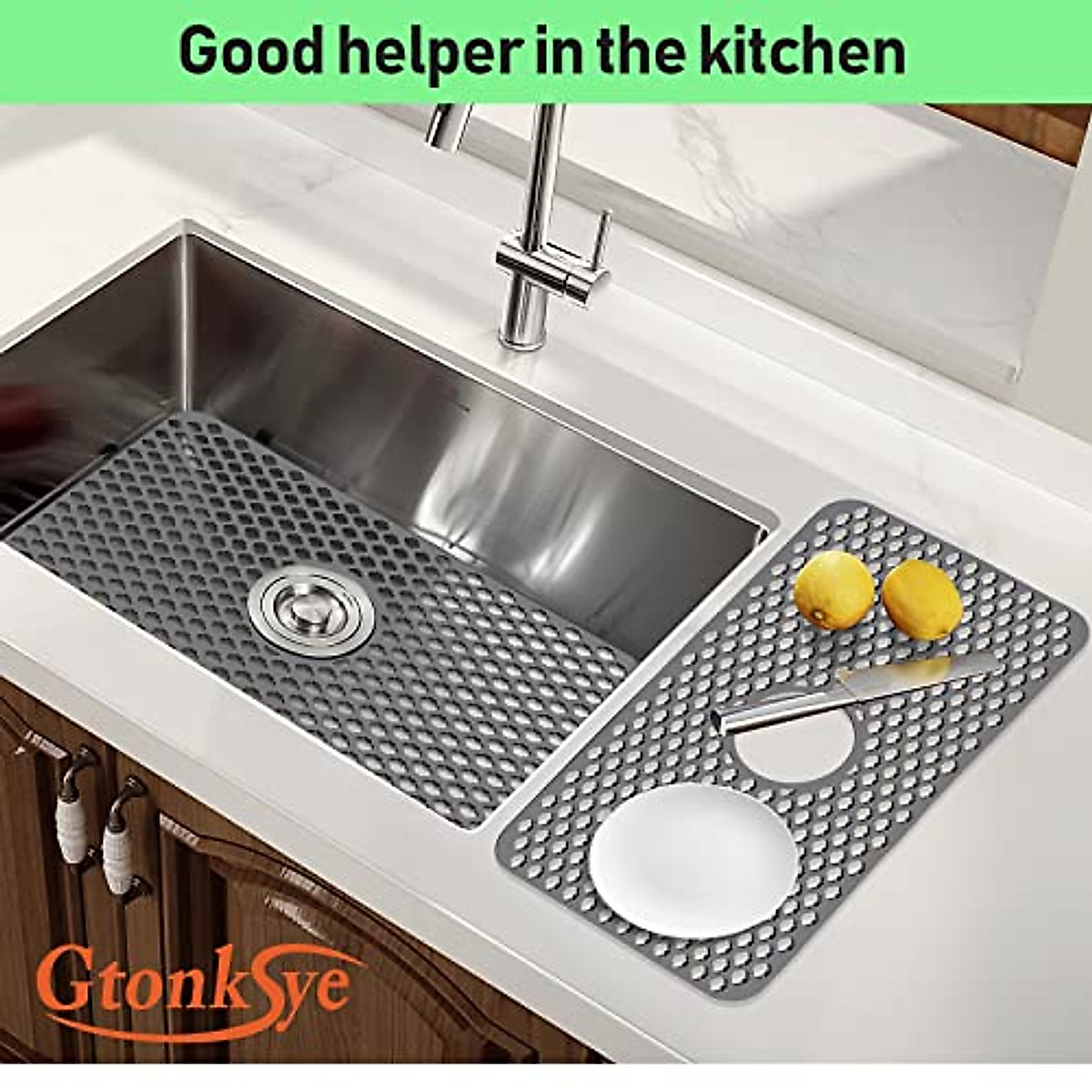 sink protectors for kitchen sink,Kitchen Sink Mats with Center Hole, Food Grade Silicone, 1 Non-Slip Heat Resistant Foldable Sink Fitting for Stainless Steel or Ceramic Sink Bottom (Grey 24.8"*13")