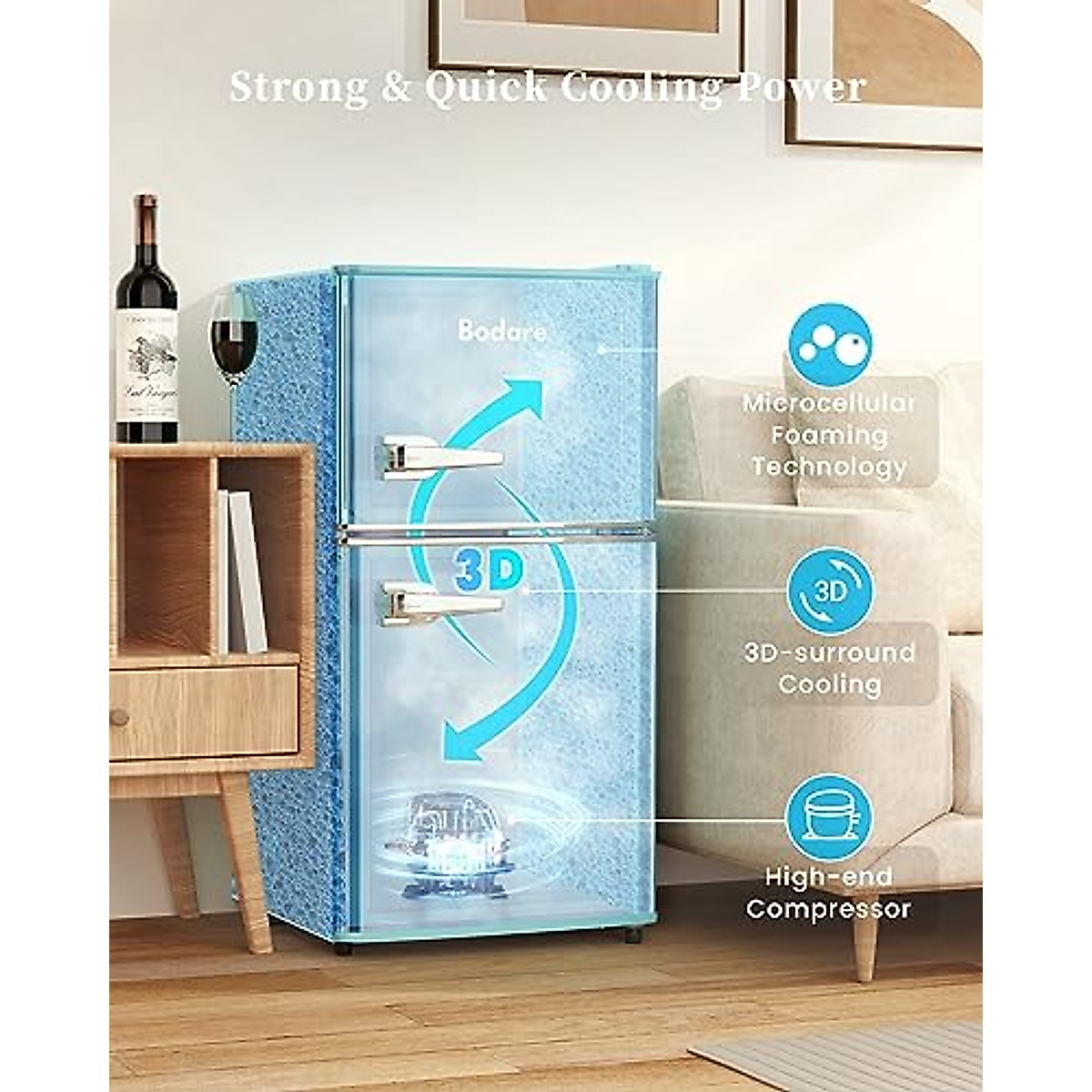 Bodare Retro Mini Fridge with Freezer: 3.2 Cu.Ft Mini Refrigerator with 2 Doors - Small Refrigerator Energy-Saving Compact Refrigerator - Small Fridge for Bedroom Dorm (Blue)