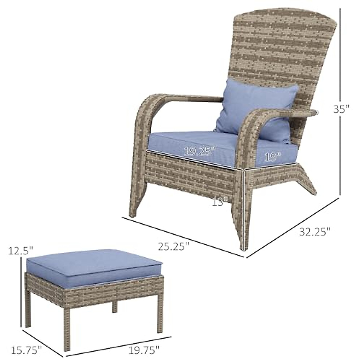Outsunny Patio Wicker Adirondack Chair with Ottoman, Outdoor Fire Pit Chair with Cushions, High-Back, Large Seat & Armrests for Deck, Garden & Backyard, Gray
