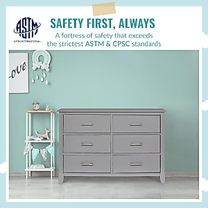 Dream On Me Universal Double Dresser in Pebble Grey, Kids Bedroom Dresser, Six Drawers Dresser, Mid-Century Modern, Made of Solid, Sustainable Pinewood, Easy Assembly