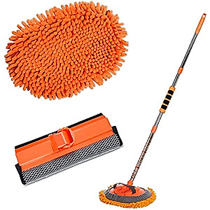 AgiiMan Car Wash Brush with Long Handle - 3 in 1 Car Cleaning Mop, Chenille Microfiber Mitt Set, Adjustable Length 24in-43in Glass Scrabber Vehicle Cleaner Kit, Orange