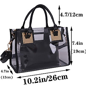 RainboSee Women 2Pcs Small Tote Clear Shoulder Top-handle Bag PVC Transparent Satchel Candy Handbag Clutch Purse Wallet Black