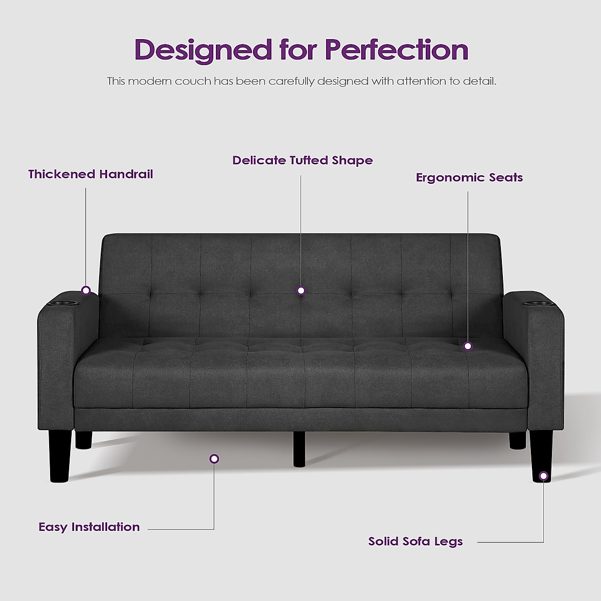 TYBOATLE 62 Inch Linen Upholstered Tufted Mid-Century Modern Loveseat Sofa w/ 2 USB Charger Ports and 2 Cupholders, Small Love Seat Couches for Living Room, Bedroom, Apartment, Dorm (Dark Grey)