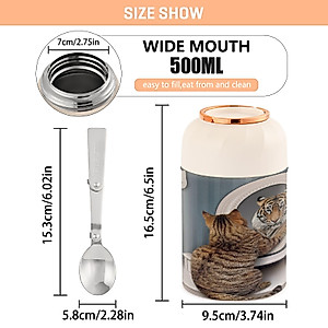 CUPADA Biege Cat Tiger Food Jar, Cute Animals Crown Insulated Hot Food Jars Vacuum 17OZ with Folding Spoon for Work Trip Picnic Camping