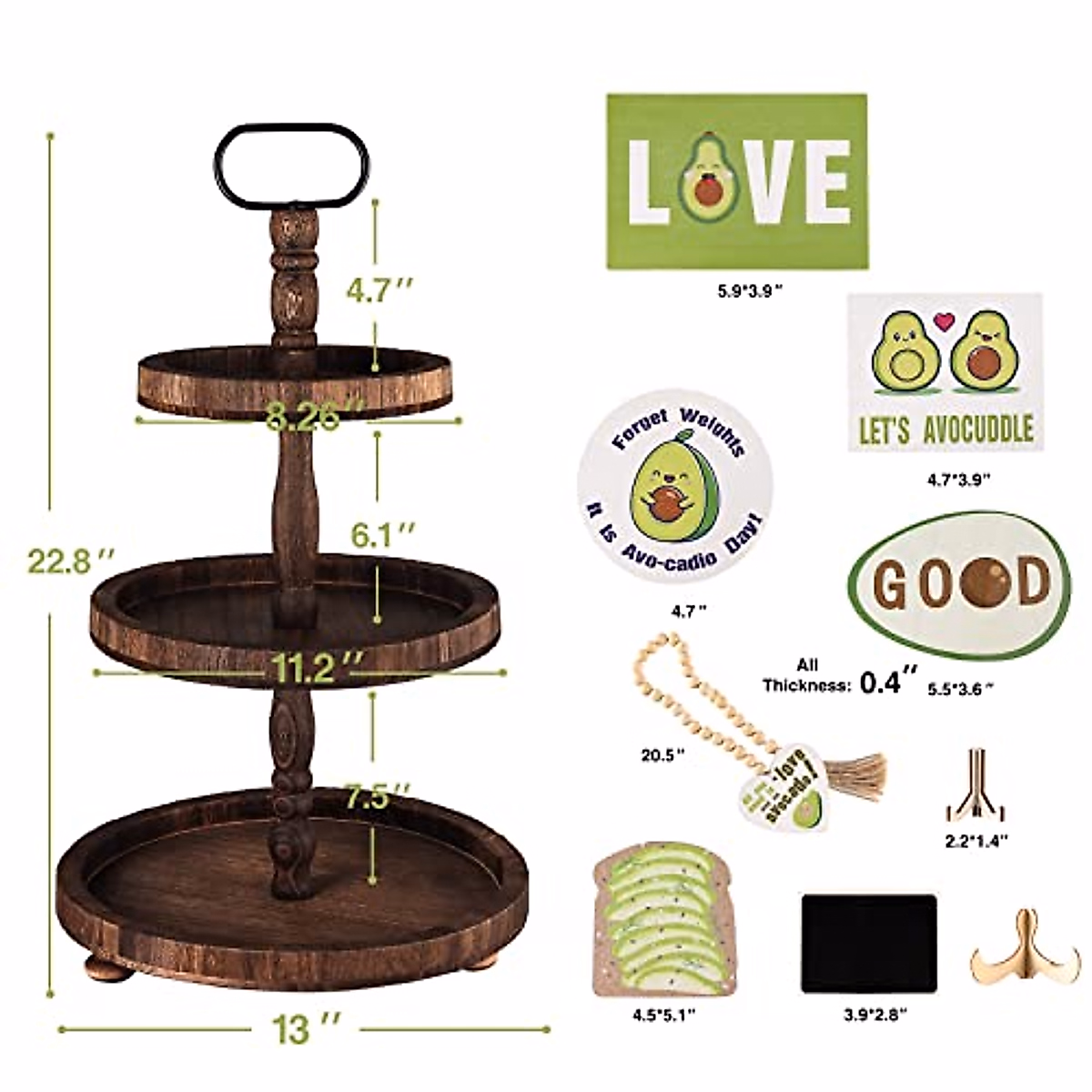 Creatart Wooden 3 Tiered Tray Stand with 8 Pieces Summer Avocado Tiered Tray Decor Set Round Wood Tiered Serving Tray for Food Kitchen Table Centerpieces Decorative Tray (Avocado)