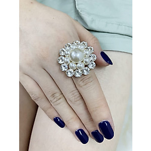 Dtja Rhinestone Pearl Flower Statement Wedding Ring for Women Vintage CZ Crystal Faux Pearls Cluster Adjustable Open Wrap Rings Christmas Birthday Cocktail Party Jewelry Gold Plated