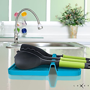 Luxet Updated Spoon Rest for Kitchen Counter, Heat-Resistant Silicone Utensil Rest for Countertop with Drip Pad,Non-Slip Spoon Holder for Stove Top Kitchen and Grill Utensil Holder Lid BPA-Free (Blue)